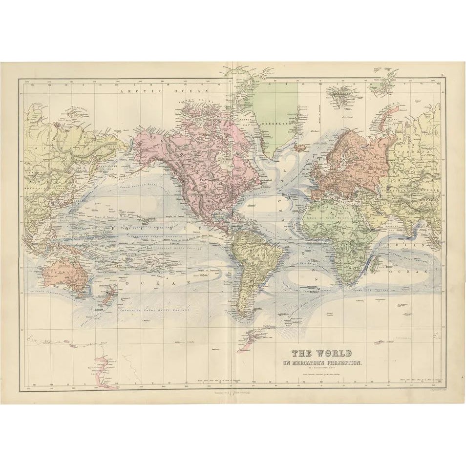 Antique Decorative World Map, 1884 | Chairish