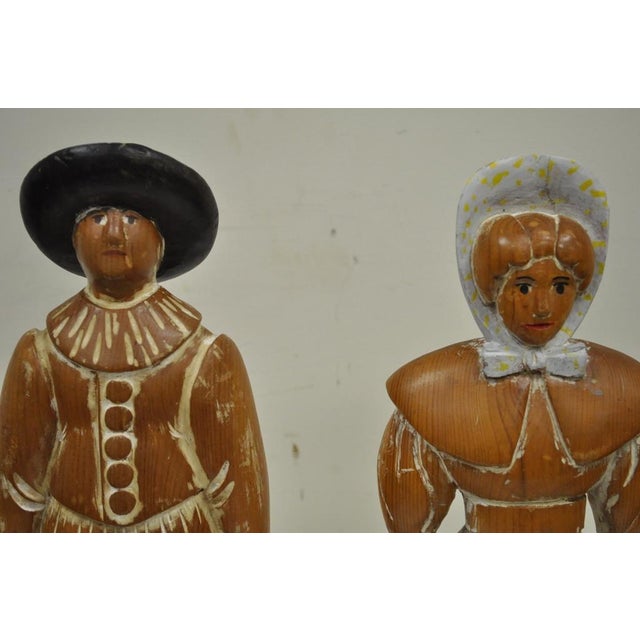 Pine Hand Carved Quaker Couple Figurines - A Pair | Chairish