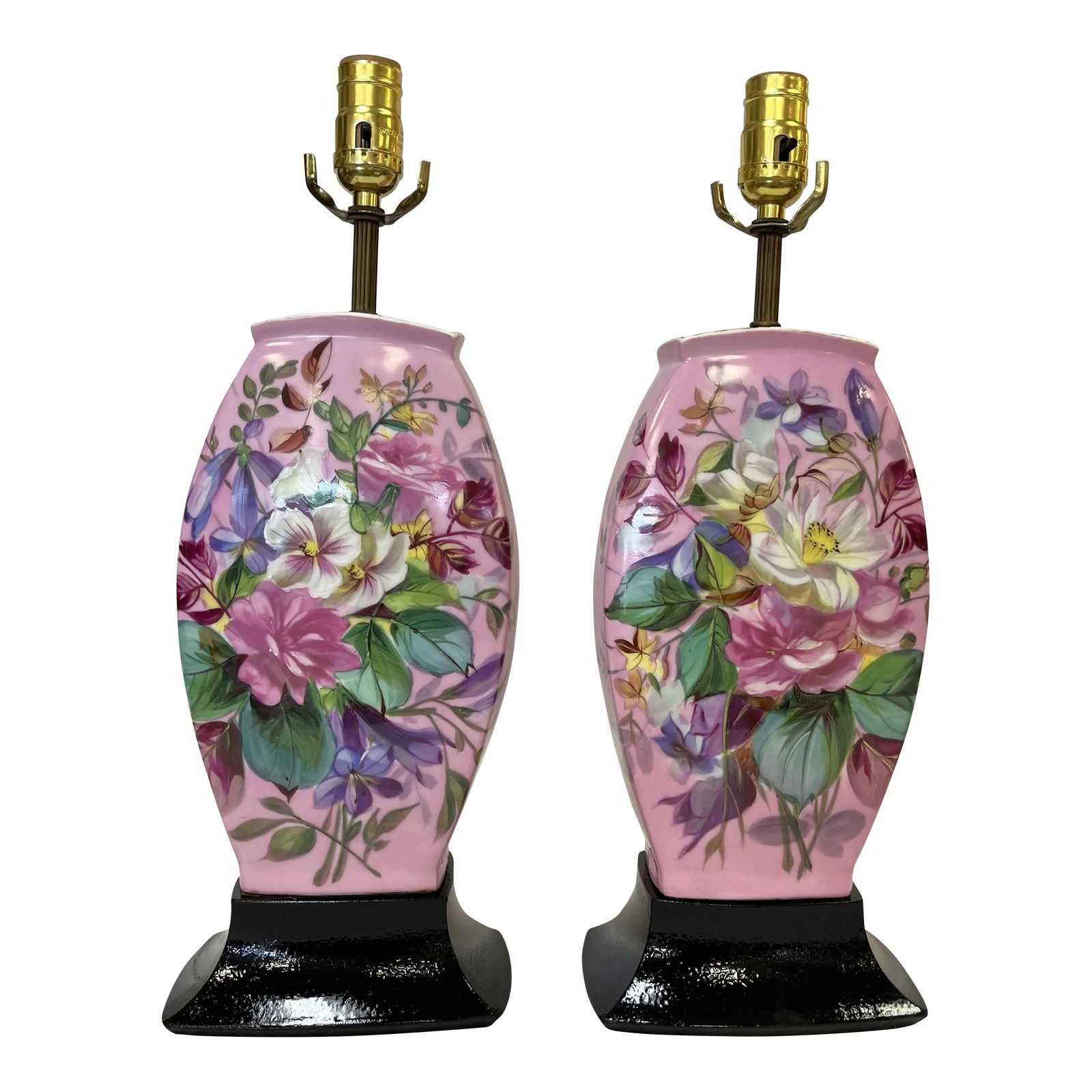 Early 20th Century Hand Painted Porcelain Lamps on Wood Bases- a Pair ...
