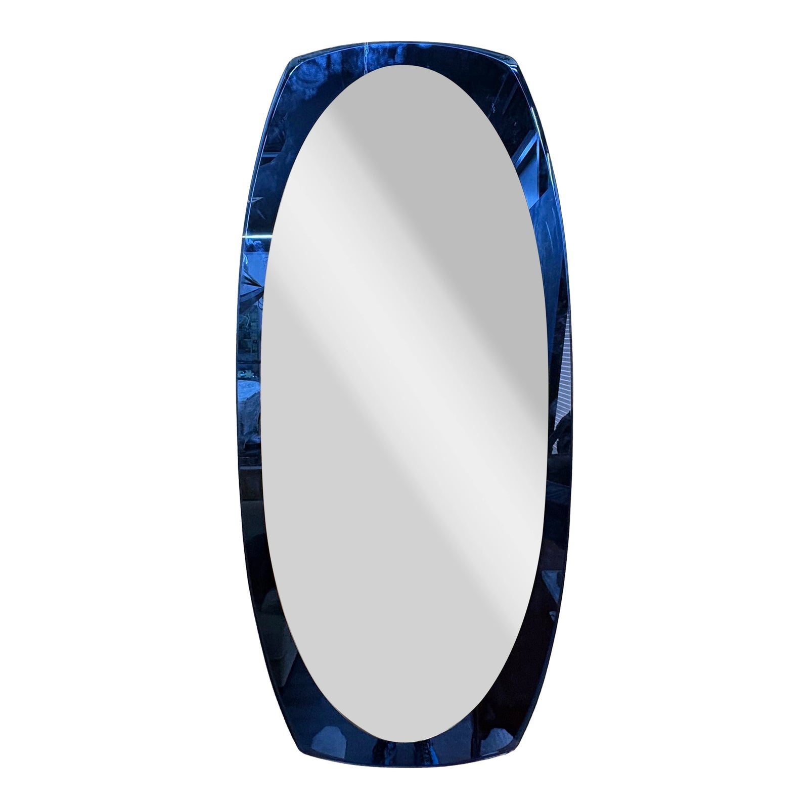 Large 1960s Fontana Arte Inspired Blue Beveled Mirror | Chairish