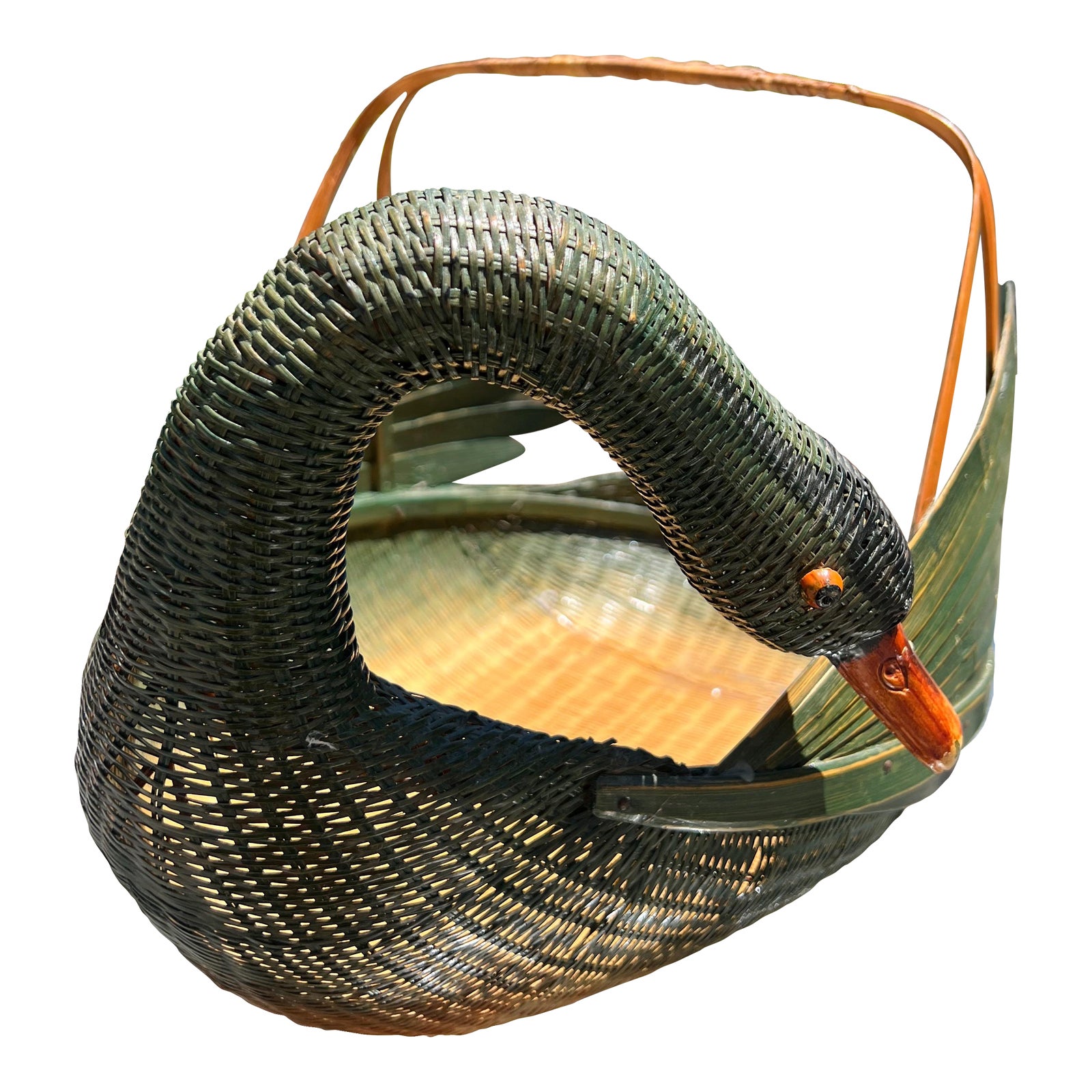 1960s Green Woven Wicker Rattan & Bamboo Swan Basket | Chairish