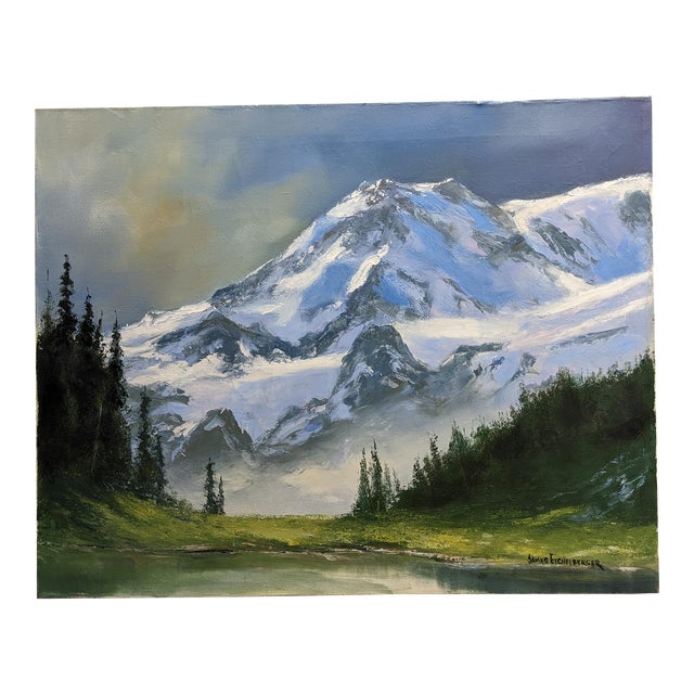 1970s Original Oil on Canvas "View Across Lake to Mount Rainier With ...
