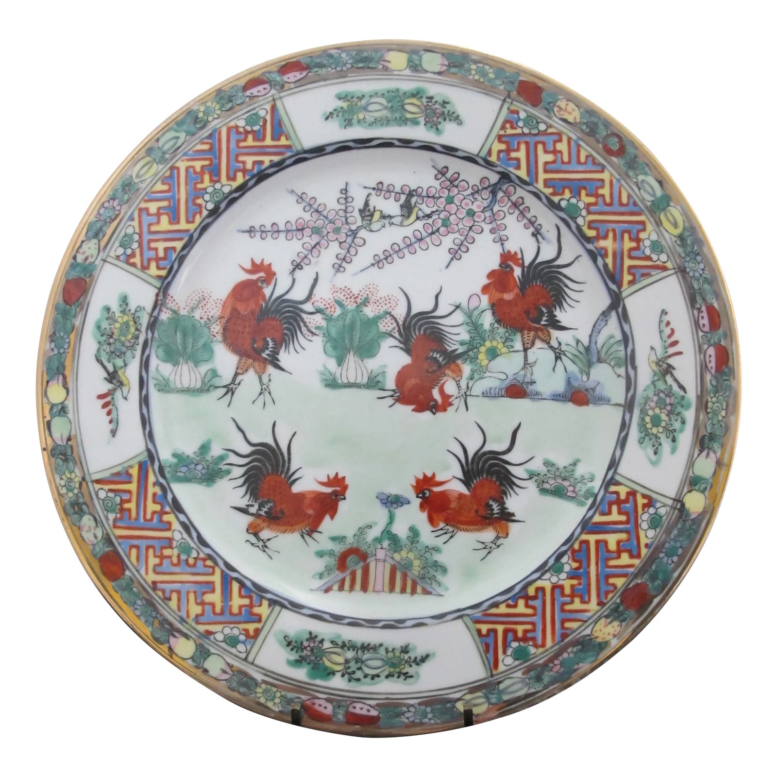 Japanese Hong Kong Porcelain Famille 5 Roosters Bird Medallion 10 1/2 ...