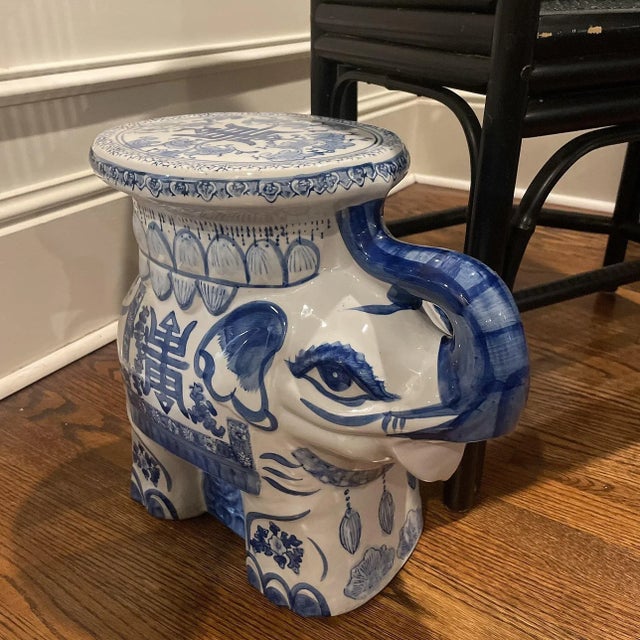 Vintage Blue & White Ceramic Elephant Garden Stool | Chairish