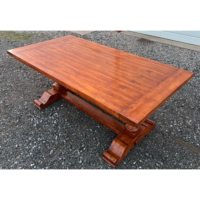 Rustic Farmhouse Planked Farm Trestle Harvest Dining Table | Chairish