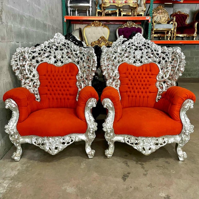Rococo Style Throne Chair – Orange Velvet Upholstery With Silver Leaf ...