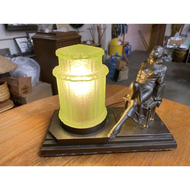 1930s Art Deco Spelter Metal Lounging Women Lamp With Green Light Shape ...