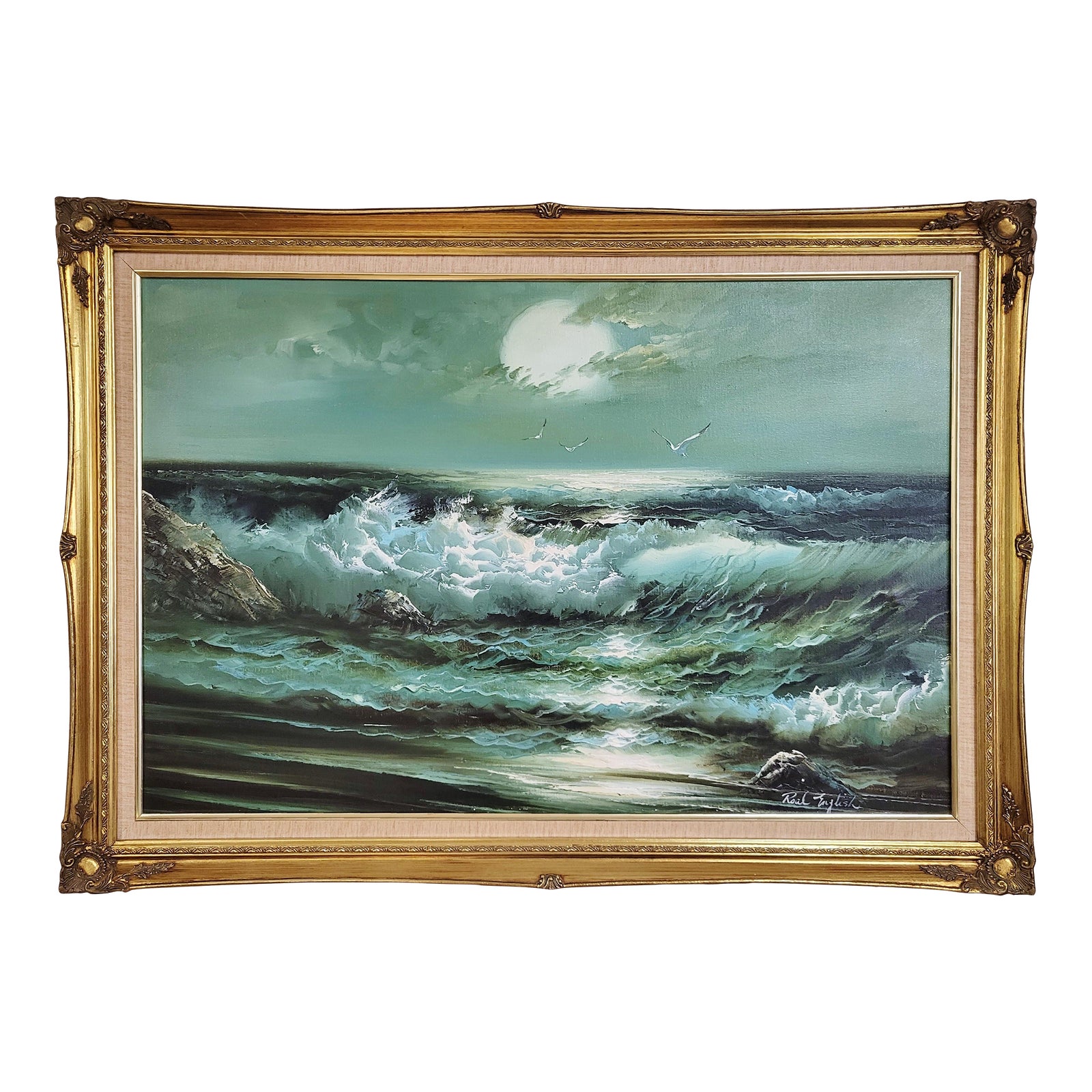 Antique Canadian Seascape Ocean Waves at Night Oil Painting - Roal ...