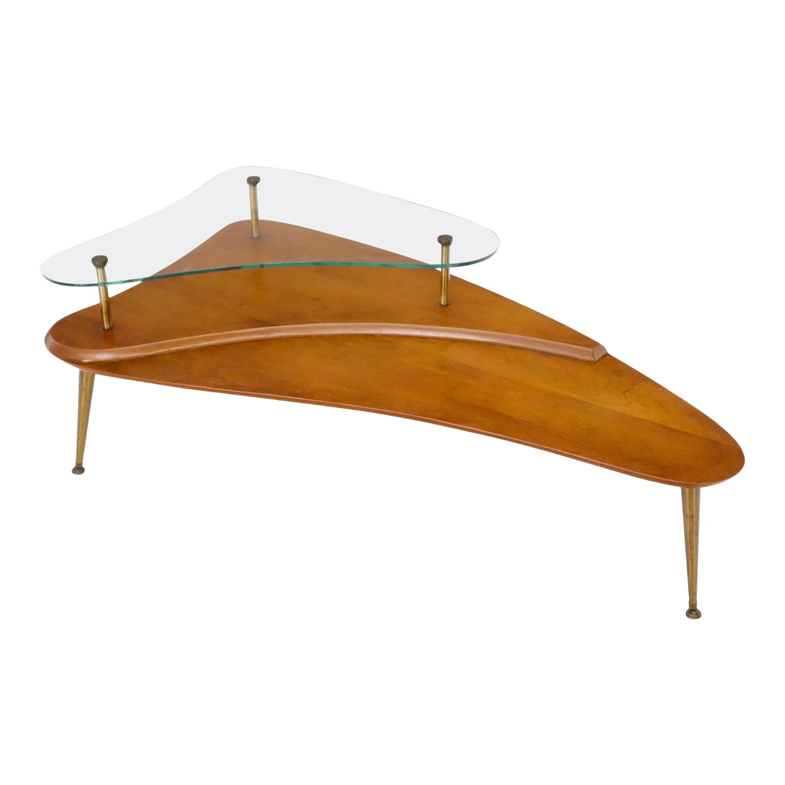 Organic Kidney Comma Shape Two-Tier Glass Top Brass Leg Walnut Coffee ...