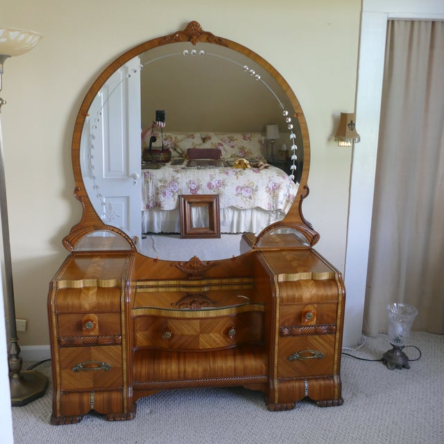 Vintage Waterfall Vanity With Etched Mirrors | Chairish