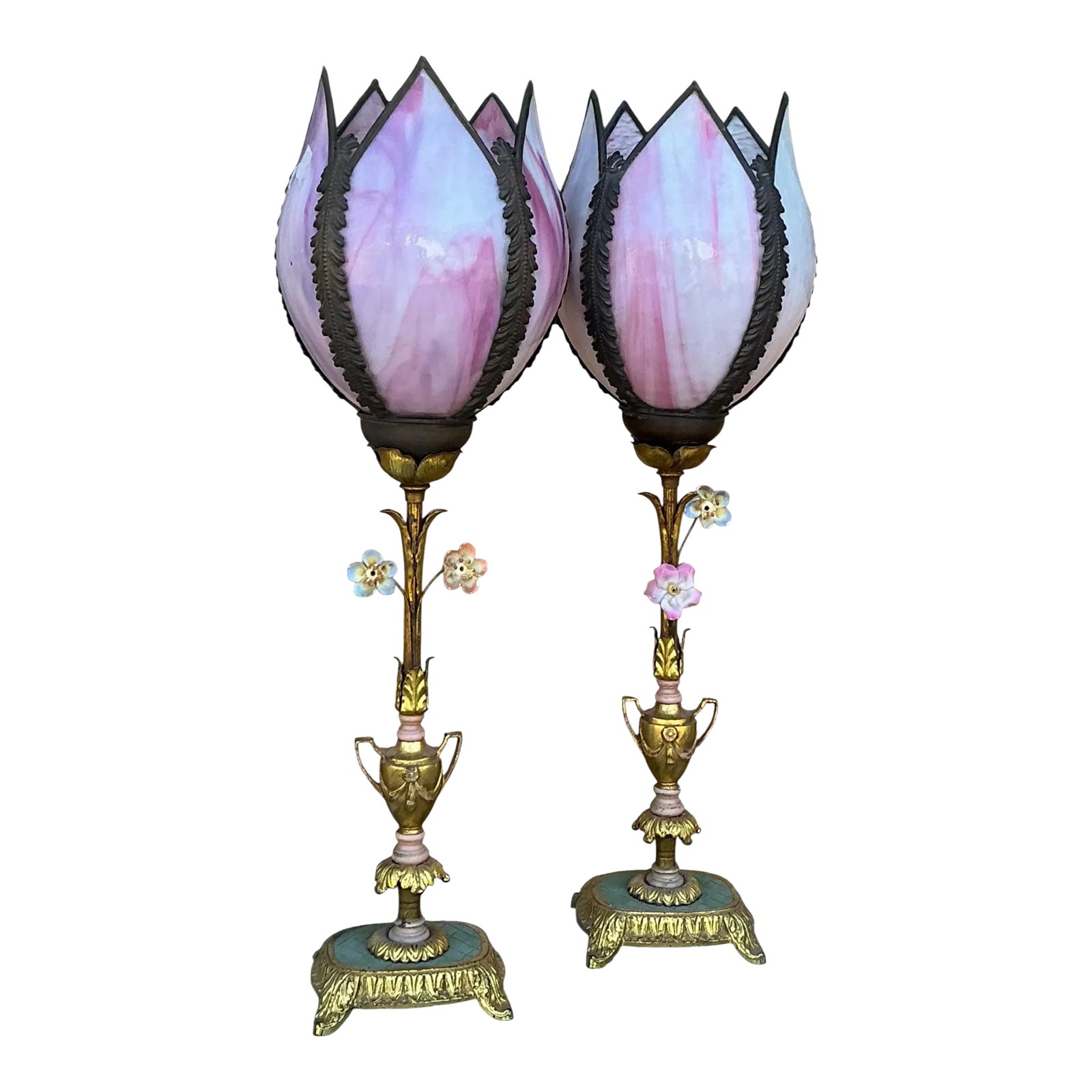 French Neo-Classical Gilt Bronze Urn Form Vanity Table Lamps W/ Slag ...