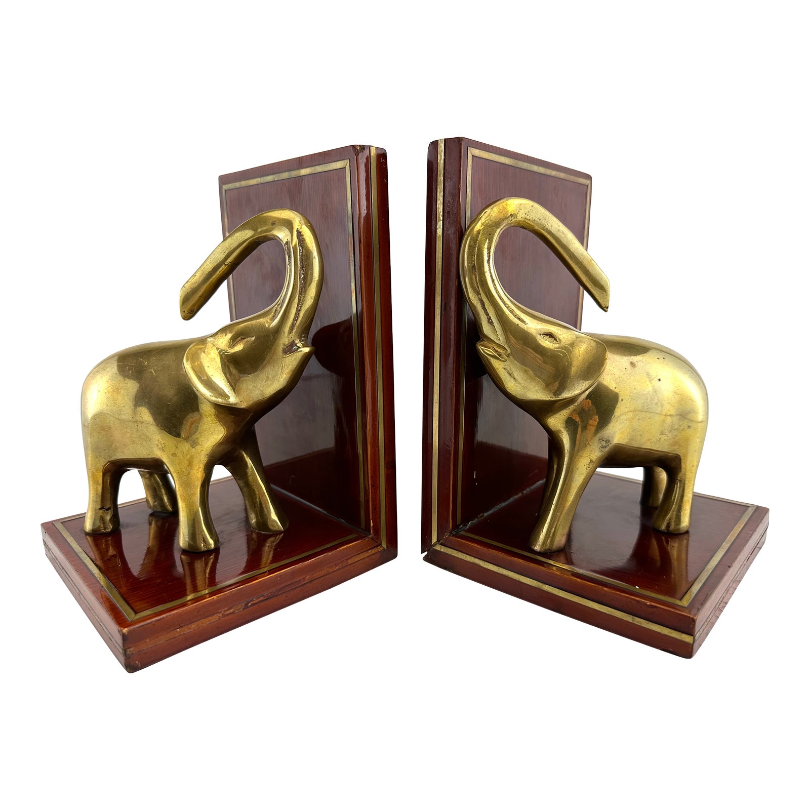 Mid-Century Brass and Wood Elephant Bookends - a Pair | Chairish