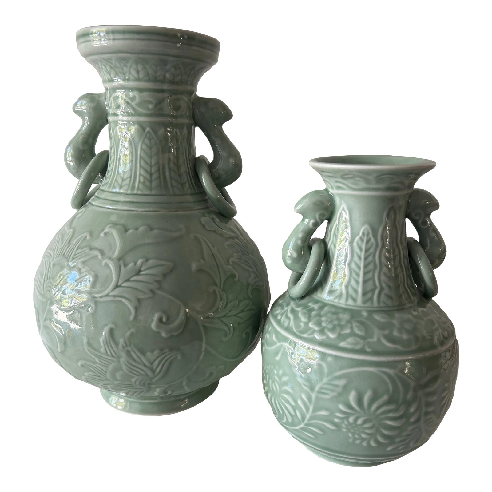 Pair of Chinese Porcelain Celadon Vases With Fixed Ring Handles | Chairish