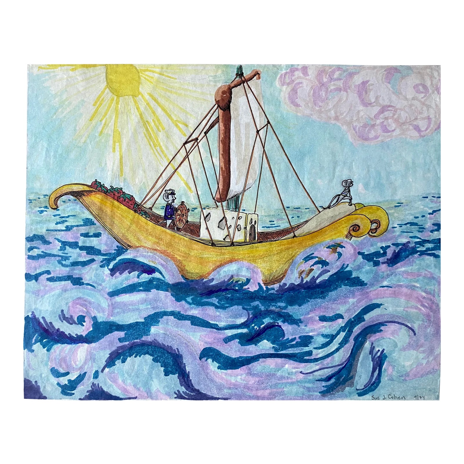 1974 Sue Cohen Mouse Ship Sailing Watercolor | Chairish