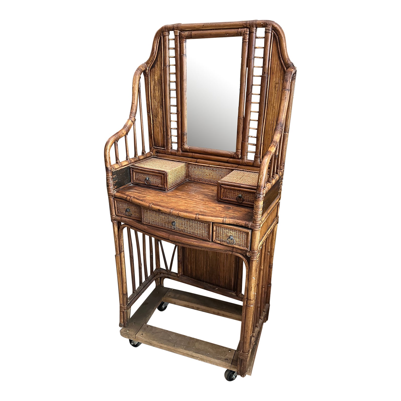 1970s Bamboo Vanity With Mirror and Drawers | Chairish