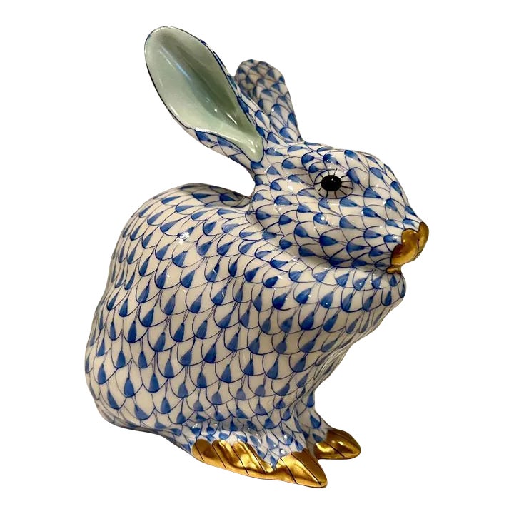 Herend Blue Fishnet "Chubby Rabbit" Figurine | Chairish