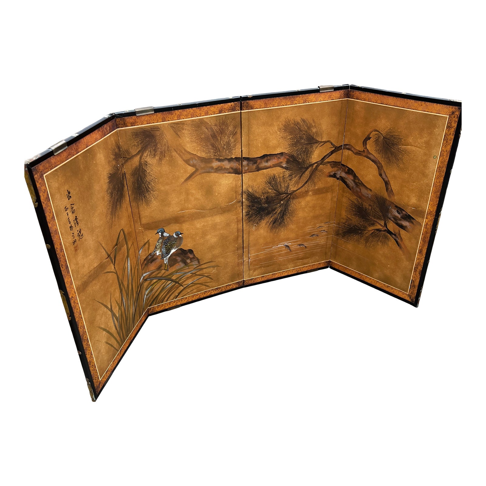 1960s Japanese 4-Panel Byobu Folding Screen Hand-Painted Ducks & Pine ...
