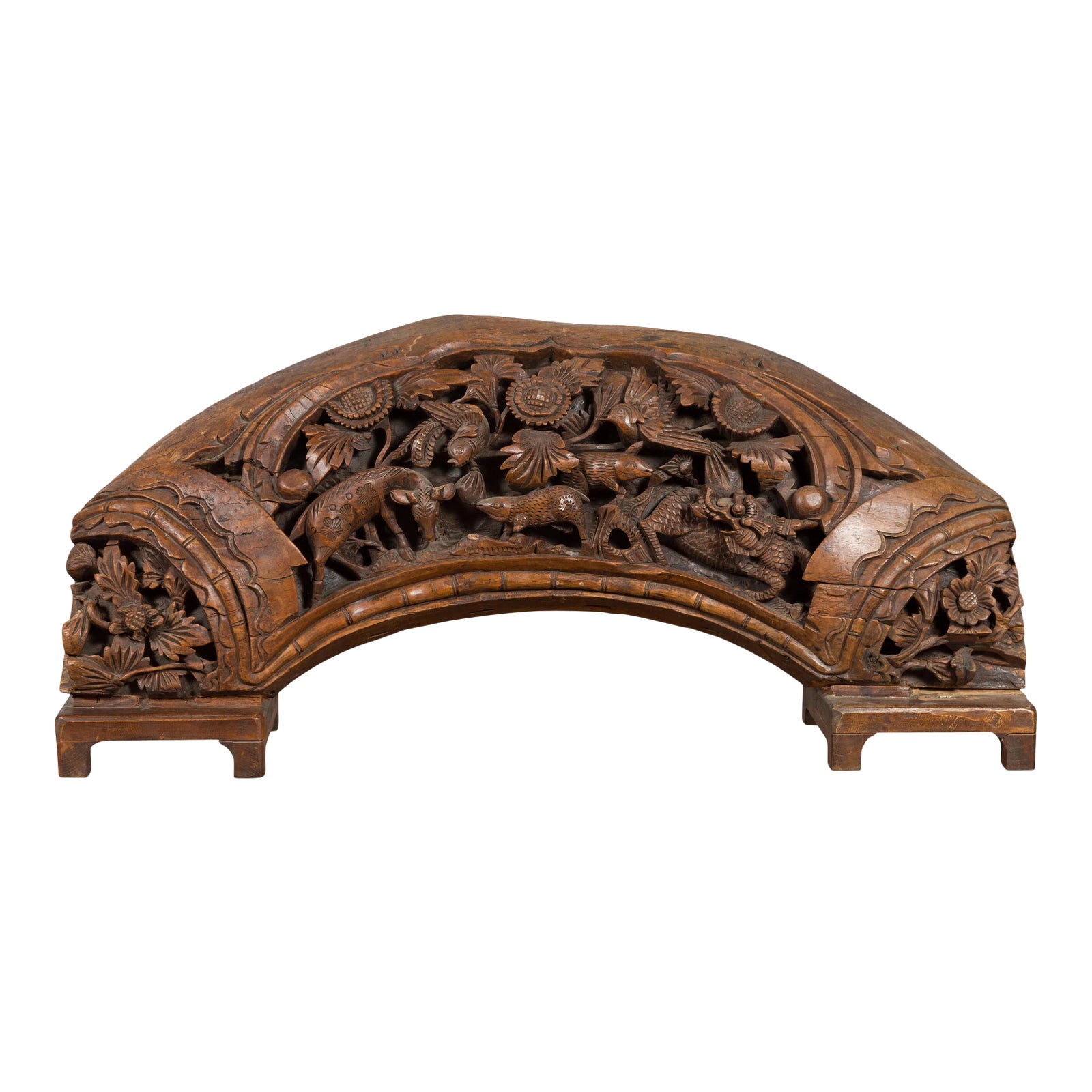 Mid 20th Century Chinese Hand Carved Wooden Floral & Animal Arching ...