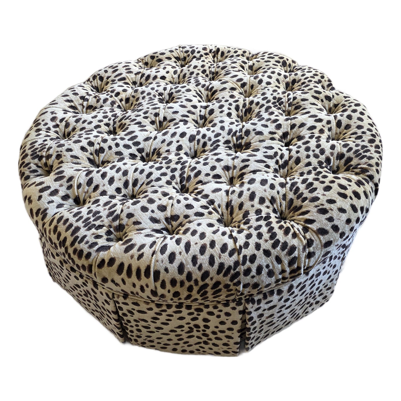 Tufted Round Ottoman With Leopard Fabric | Chairish
