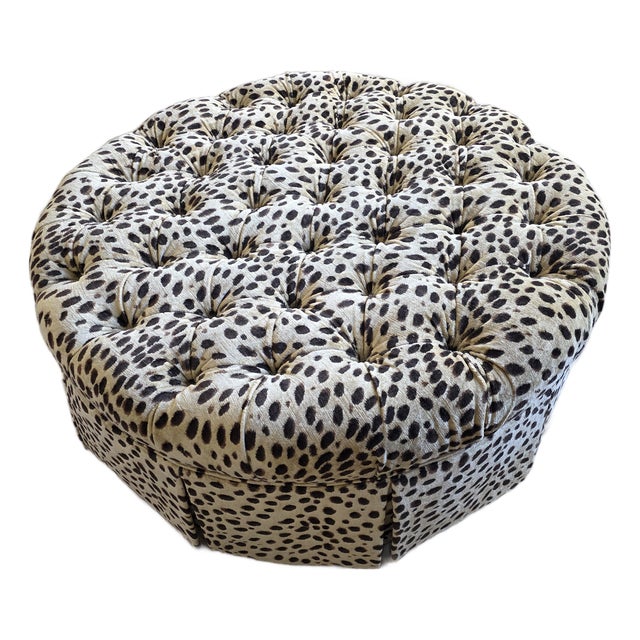 Tufted Round Ottoman With Leopard Fabric | Chairish