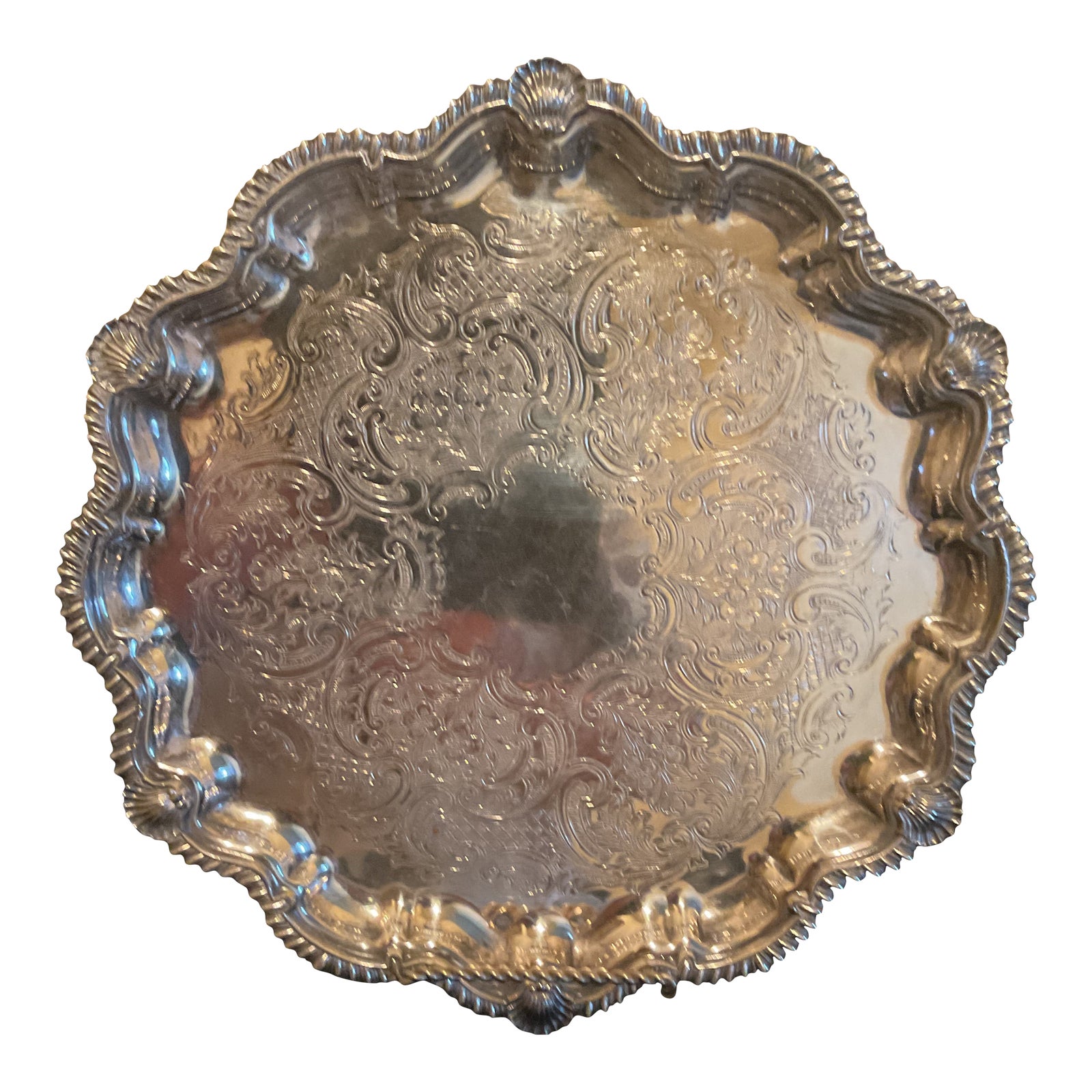Vintage Silver Plated Engraved Footed Tray With Scalloped Edge | Chairish
