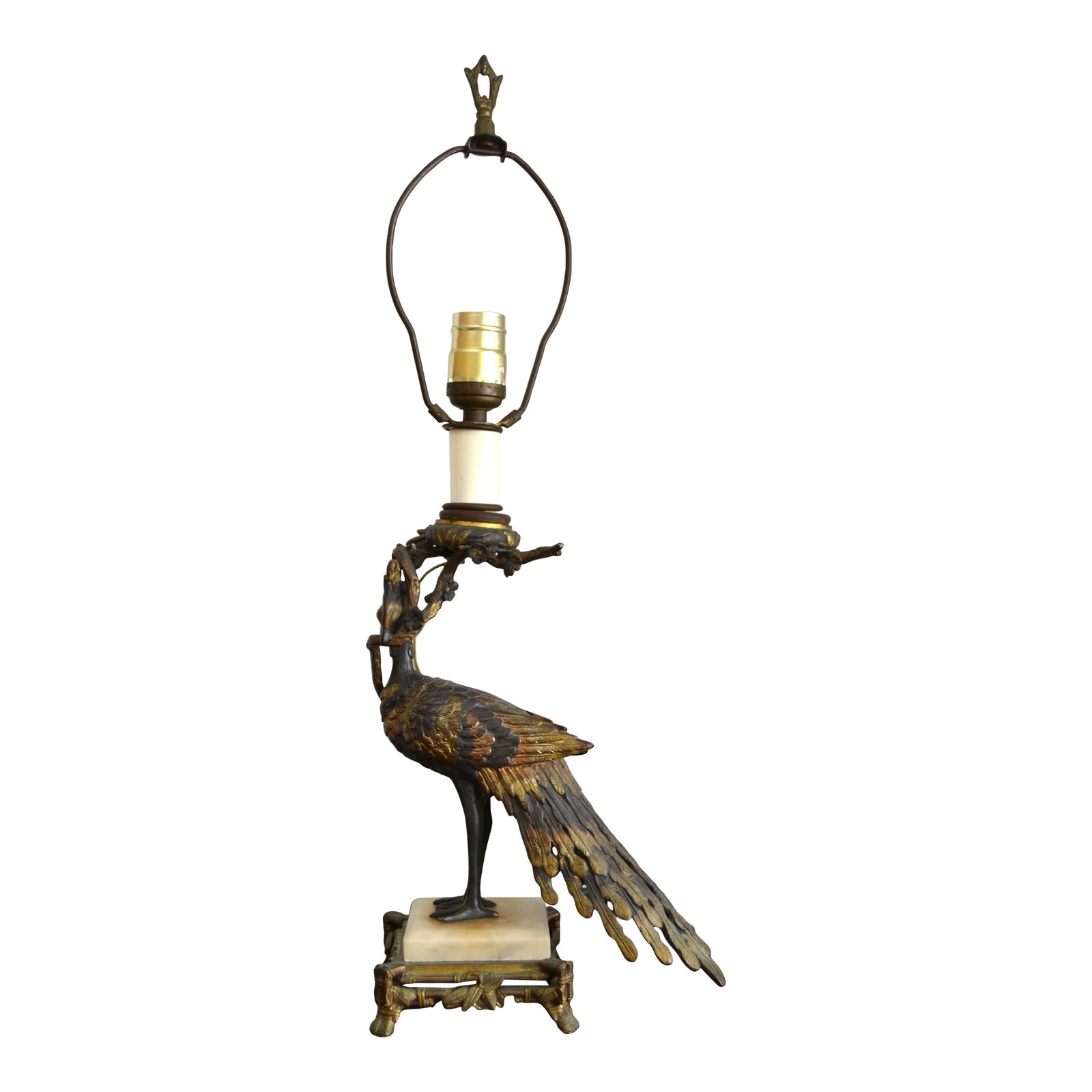 French Bronze and Marble Antique Peacock Table Lamp | Chairish