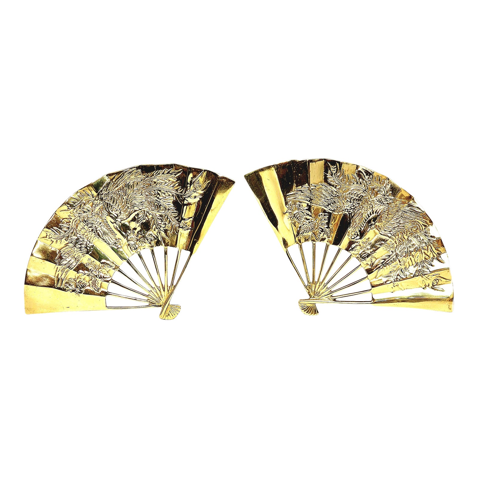 Pair of Vintage 1960s Brass Chinese Phoenix Bird Dragon Hand Fan | Chairish