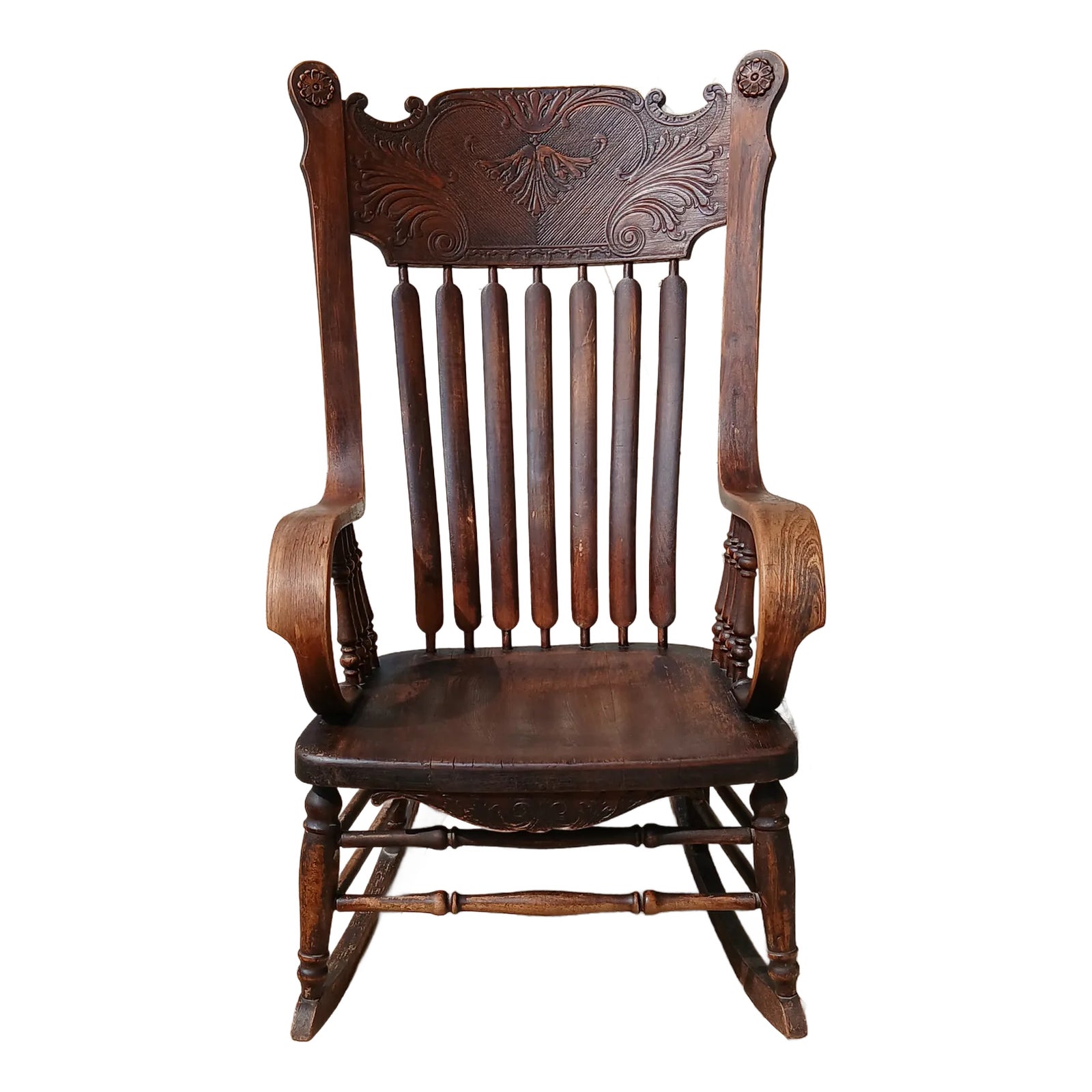 Antique Victorian Solid Oak Press Back Rocking Chair | Chairish