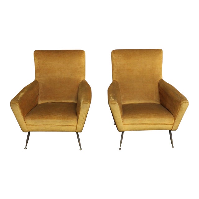 Vintage Italian Ochre Cotton Velvet and Brass Lounge Chairs | Chairish