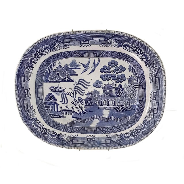 Antique Blue & White Unmarked Transfer Willow Pattern Platter | Chairish