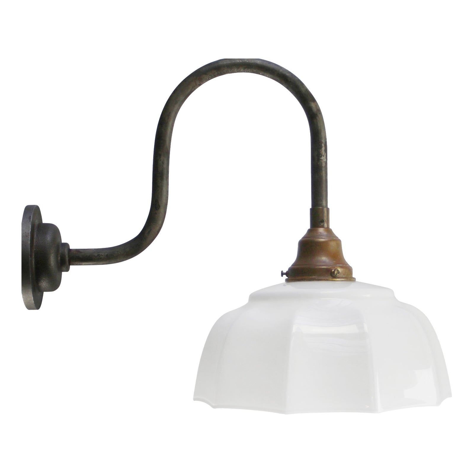 Mid-Century Modern Cast Iron Wall Light with White Opaline Glass Shade ...