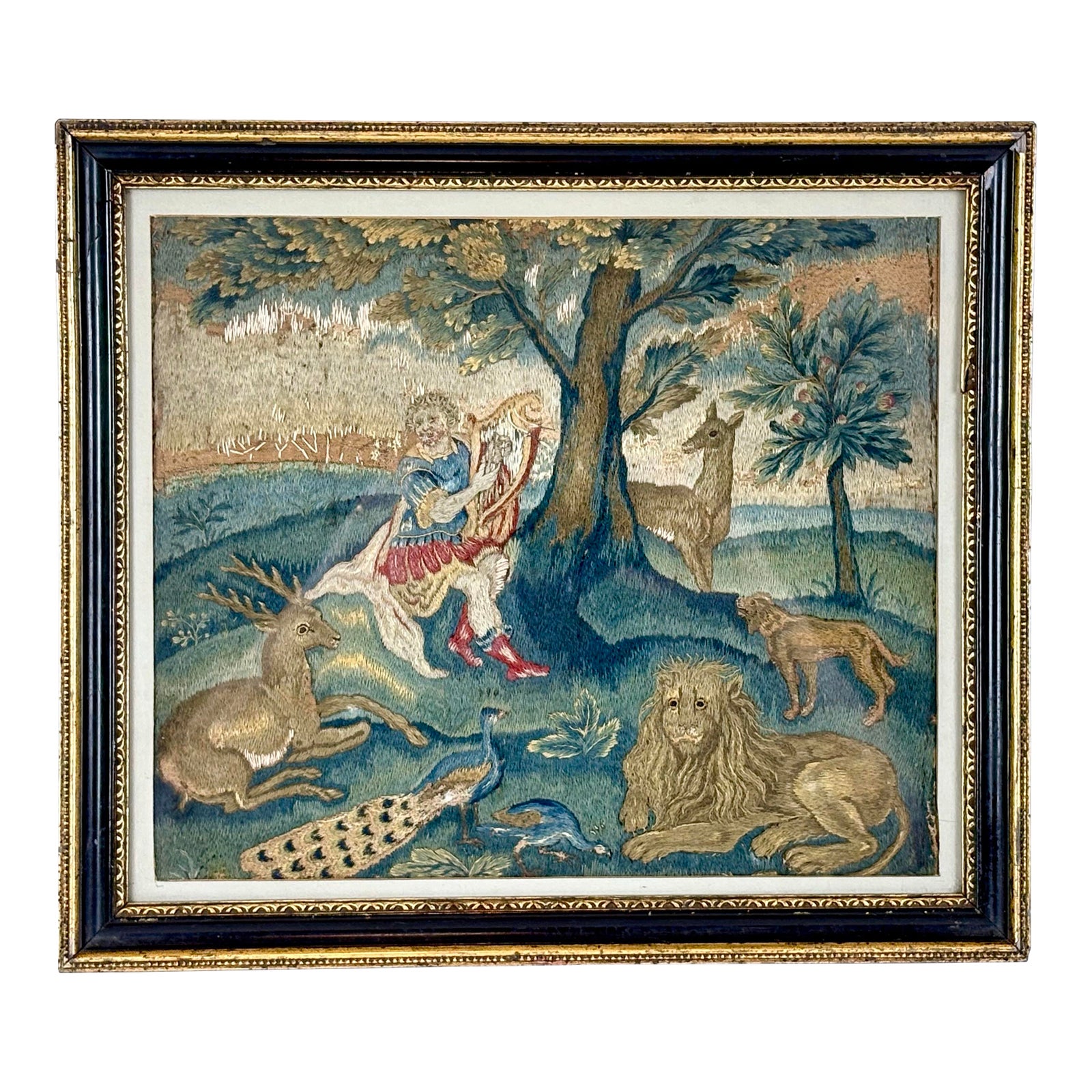 Late 17th Century Silk Needlework of Orpheus and the Animals | Chairish