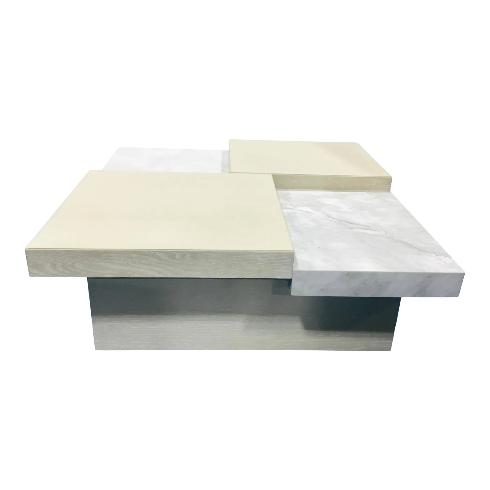 Modern Wood and Marble Multi Level Cocktail Table | Chairish