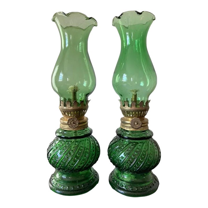 Early 20th Century Asian Green Glass Table Oil Lamps, Set of 2 | Chairish