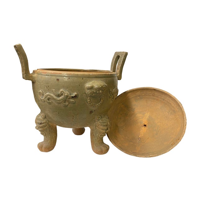 Chinese Vintage Handmade Clay Pottery Dragon Ding Holder Pot | Chairish