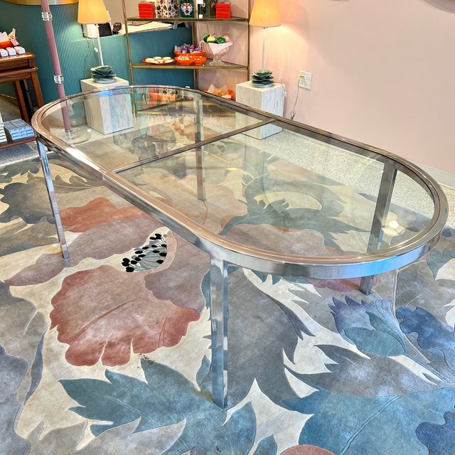 1980's Extendable Chrome and Glass Oval Dining Table by Design ...