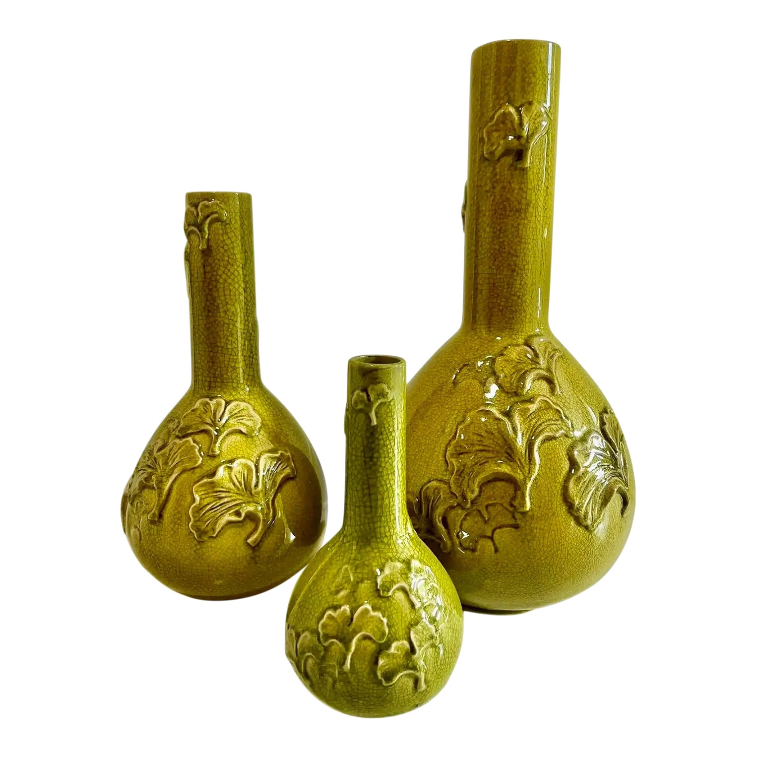 Chartreuse Raku Lotus Leaf Vases, Set of Three | Chairish
