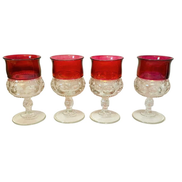 King's Crown Goblet Clear Ruby Flash Edge Vintage Indiana Glass Set of ...