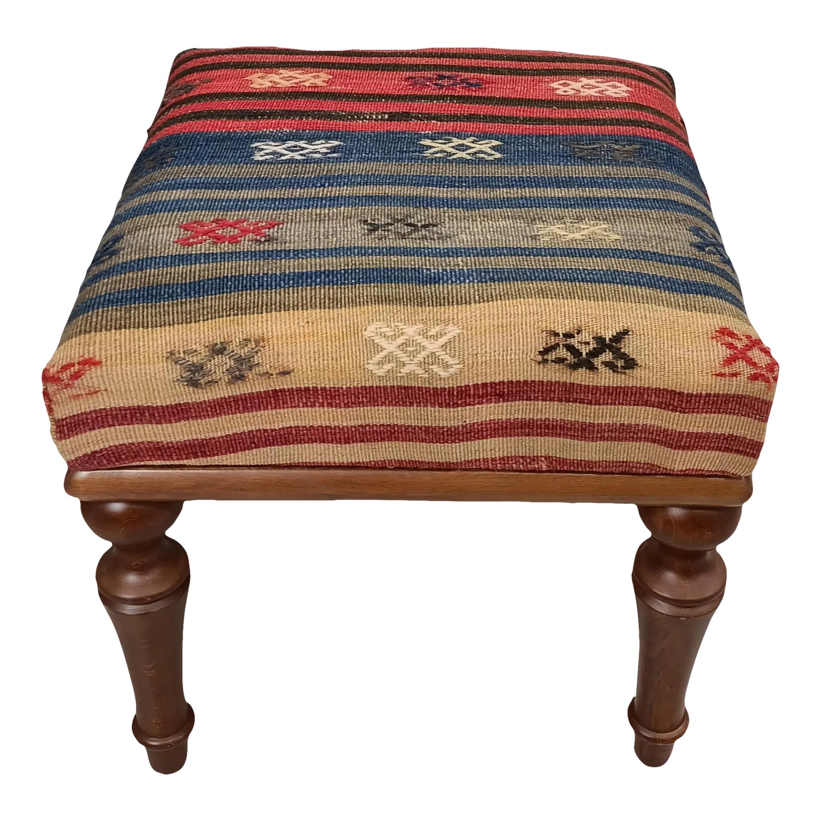 Kilim Upholstered Farmhouse Style Padded Footstool | Chairish