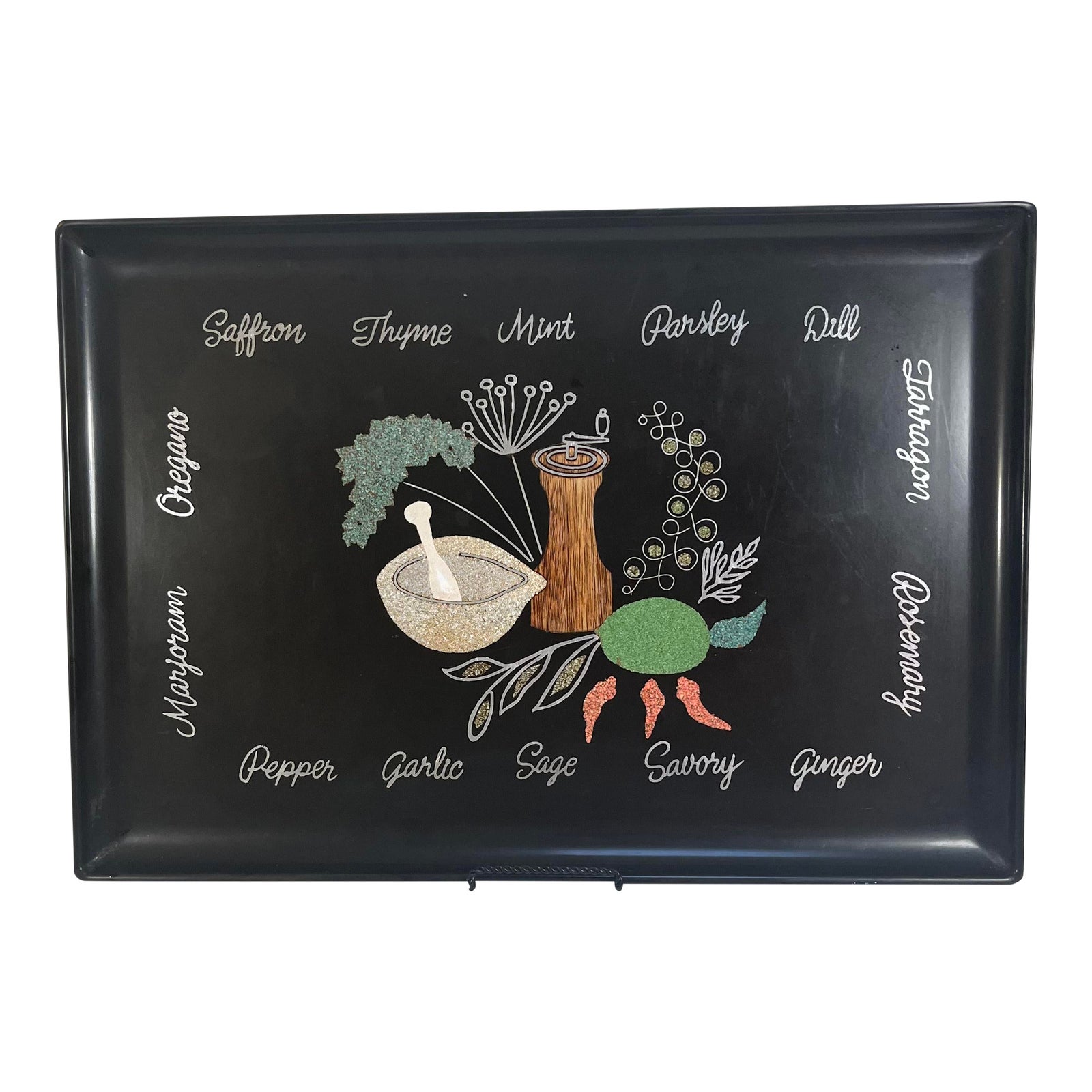 Mid-Century Couroc “Garden Herbs and Spices” Black Resin Tray | Chairish