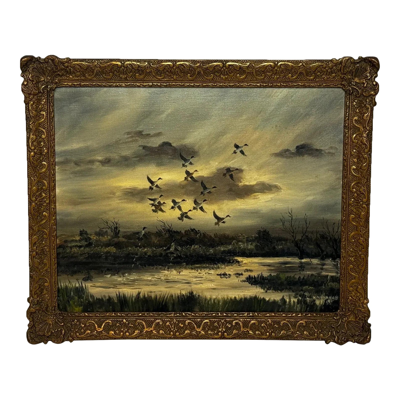 Mid Century Oil Painting Canadian Ducks Pintails Flushed Out Duck Duck ...