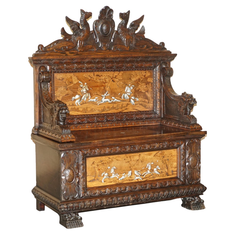 Antique Italian Carved Lion Griffon Bench with Storage, 1860s | Chairish