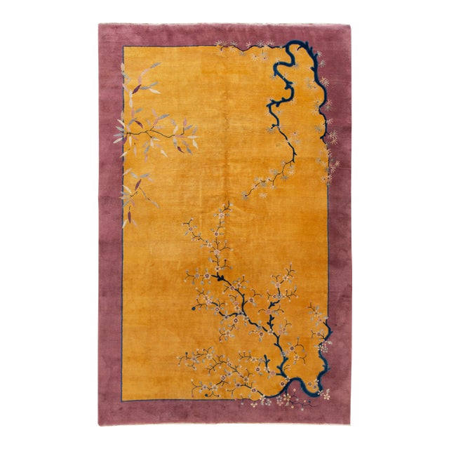 Yellow Antique Art Deco Chinese Handmade Wool Rug | Chairish