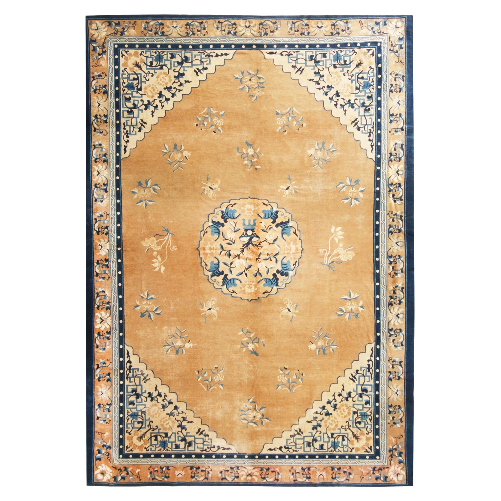 Antique Peking Traditional Gold and Blue Wool Rug - 9′ × 12′8″ | Chairish