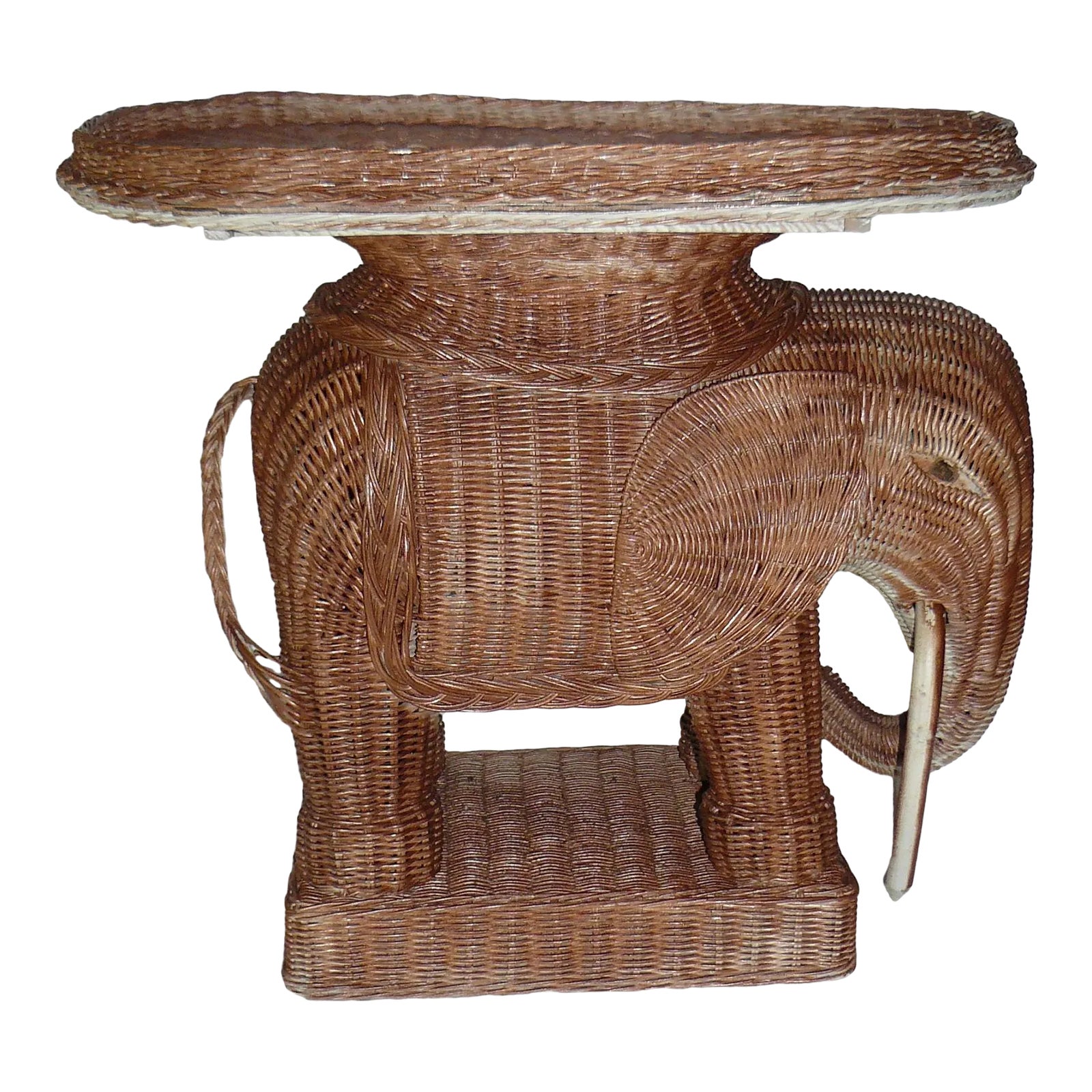 1970s Vintage Wicker Elephant Table With Removable Tray Top | Chairish