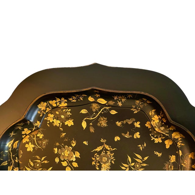 English Gilt Scalloped Black Lacquer Tray Table | Chairish