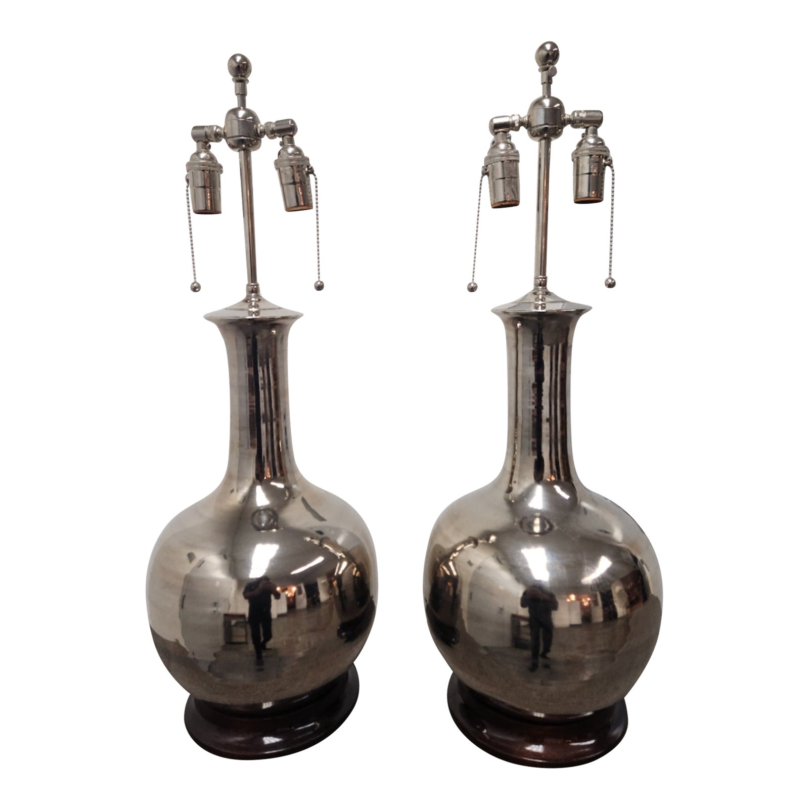 Christopher Spitzmilller Platinum Glaze Large Gourd Table Lamps, a Pair | Chairish