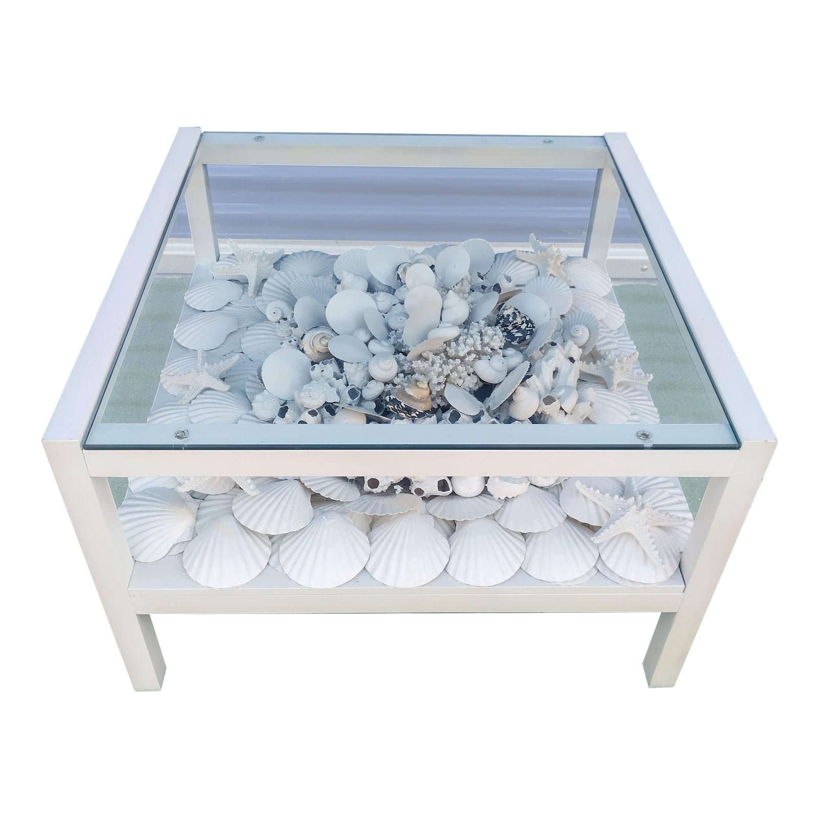 Custom Made Coastal Square White Seashell Encrusted Coffee Table | Chairish