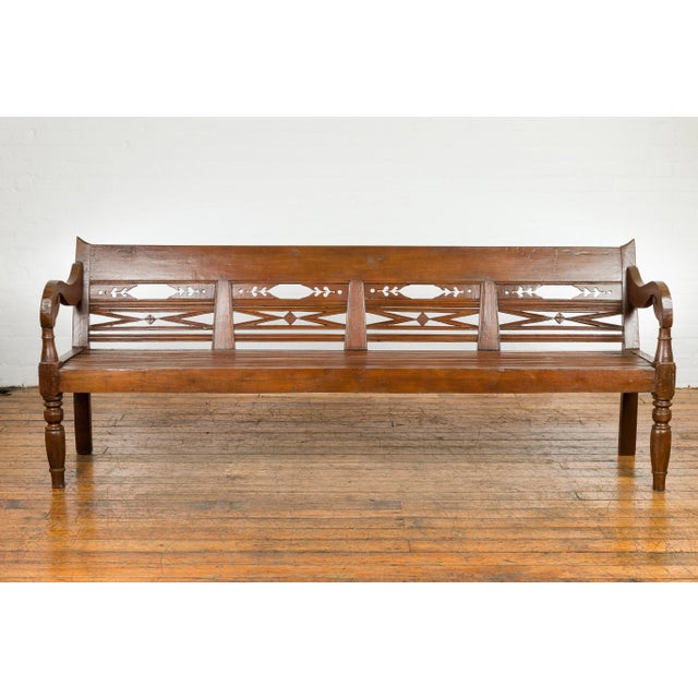Dutch Colonial Bench with Carved Back, Scrolling Arms and Turned ...