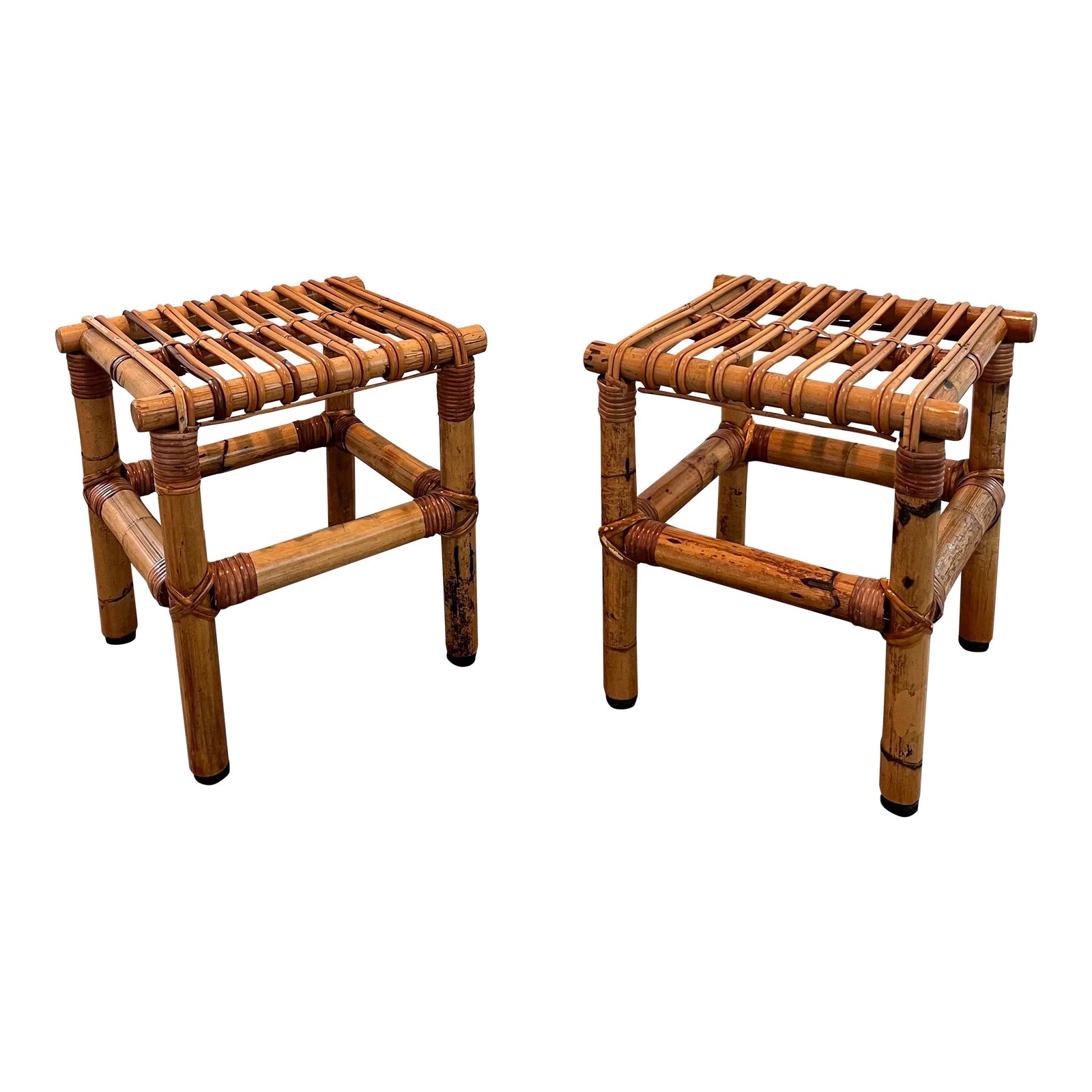 Vintage Rattan Wrapped Bamboo Square Stool | Chairish
